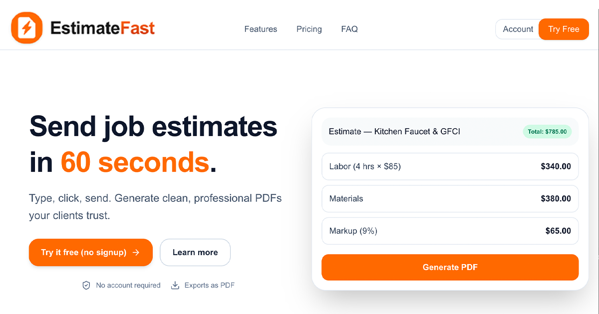 EstimateFast - Professional PDF Estimates in 60 Seconds
